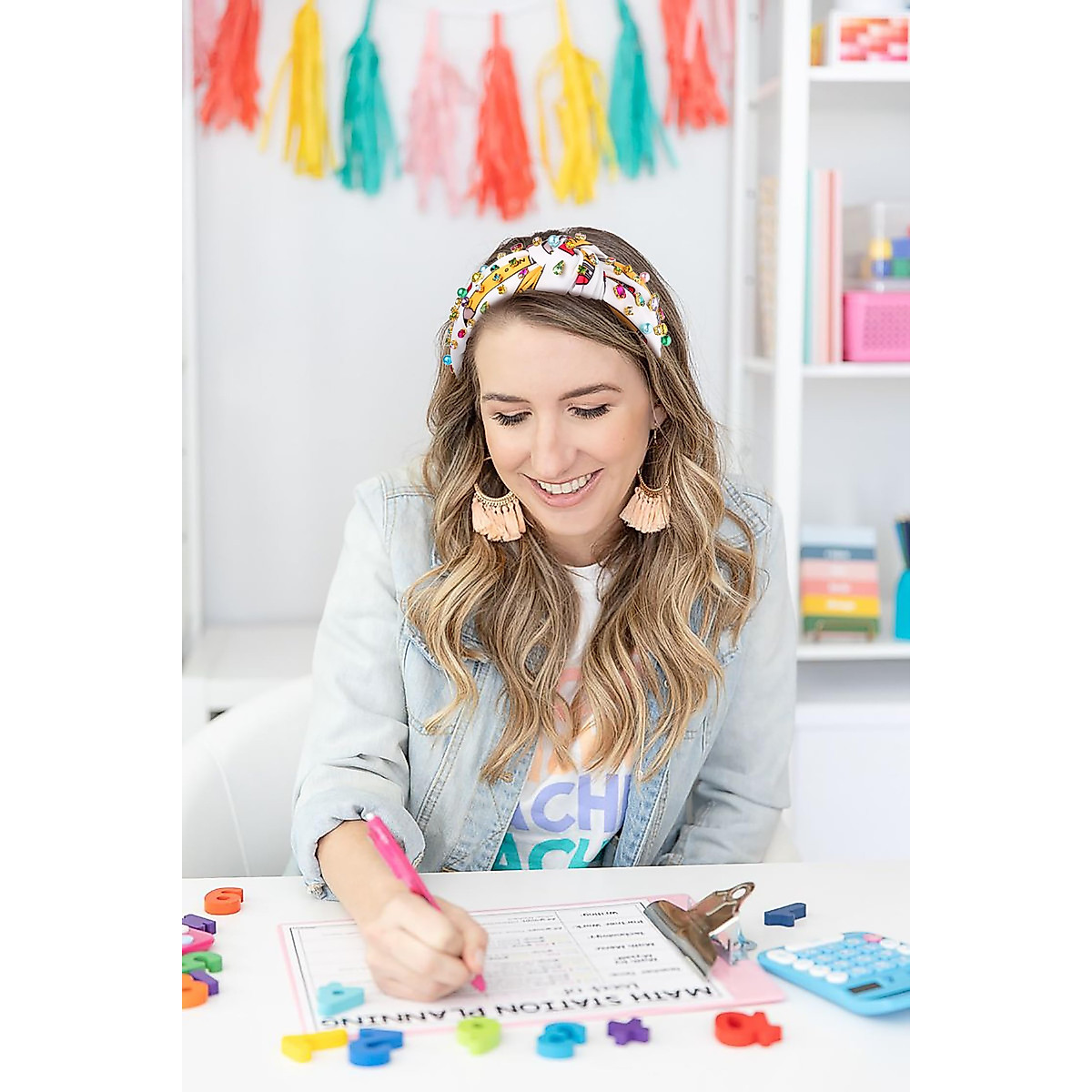 boderier Teacher Headbands for Women Beaded Crystal Knotted Headband Pencil Apple Headband Teacher Hair Accessories (Crystal Beaded)