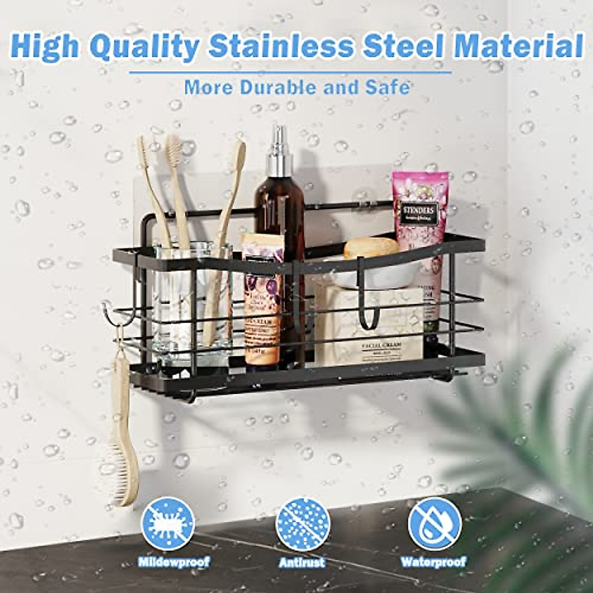 Couguarack Adhesive Shower Caddy Basket Shelf , Stainless Steel Organizer Storage Bathroom Shower Rack , Wall Mounted and No Drilling (4-pack Black)