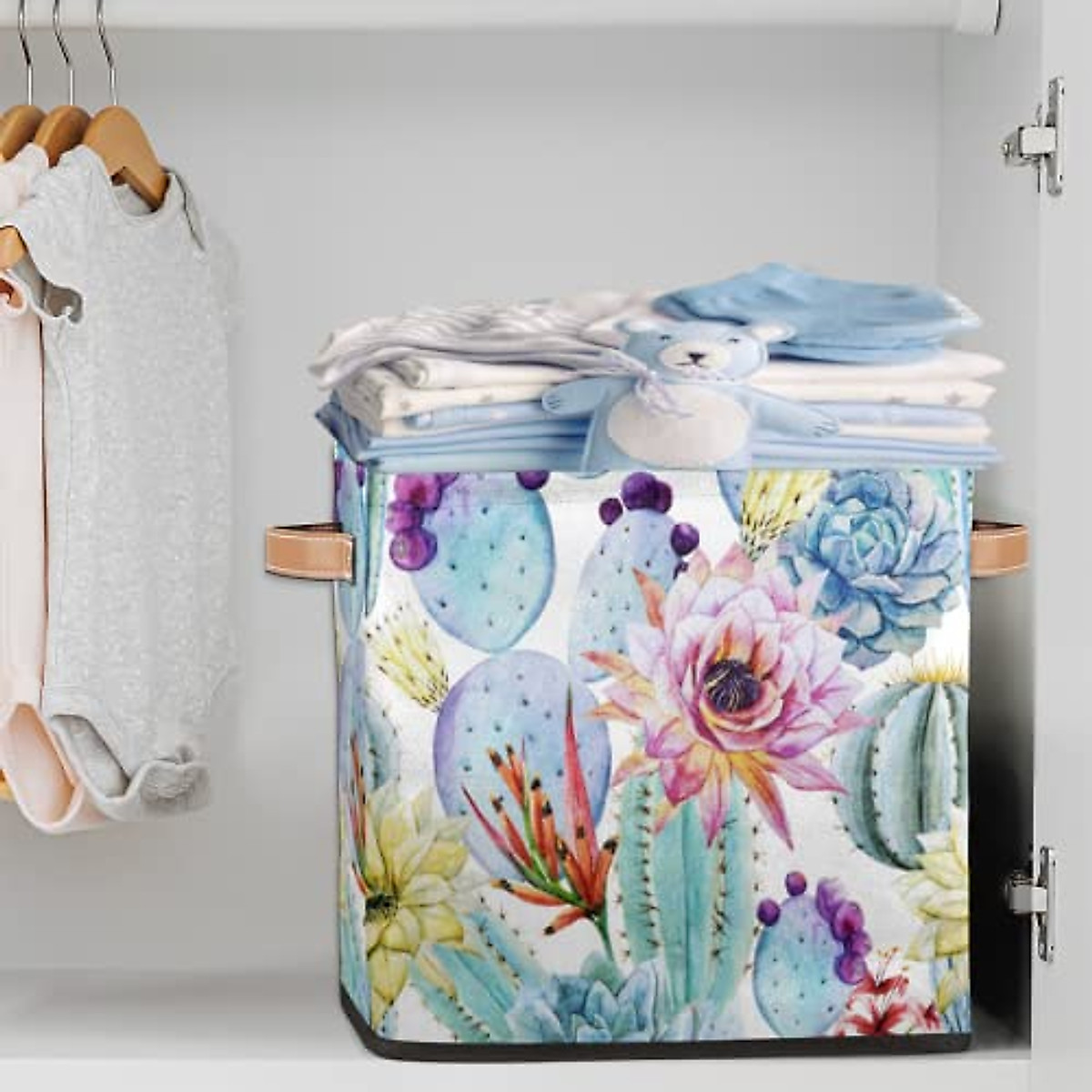 Floral Cactus Plant Cube Storage Bins 13 Inch Fabric Storage Basket Square Storage Bins Collapsible Nursery Storage Bin Organizer Basket Storage Box for Shelves, Closet