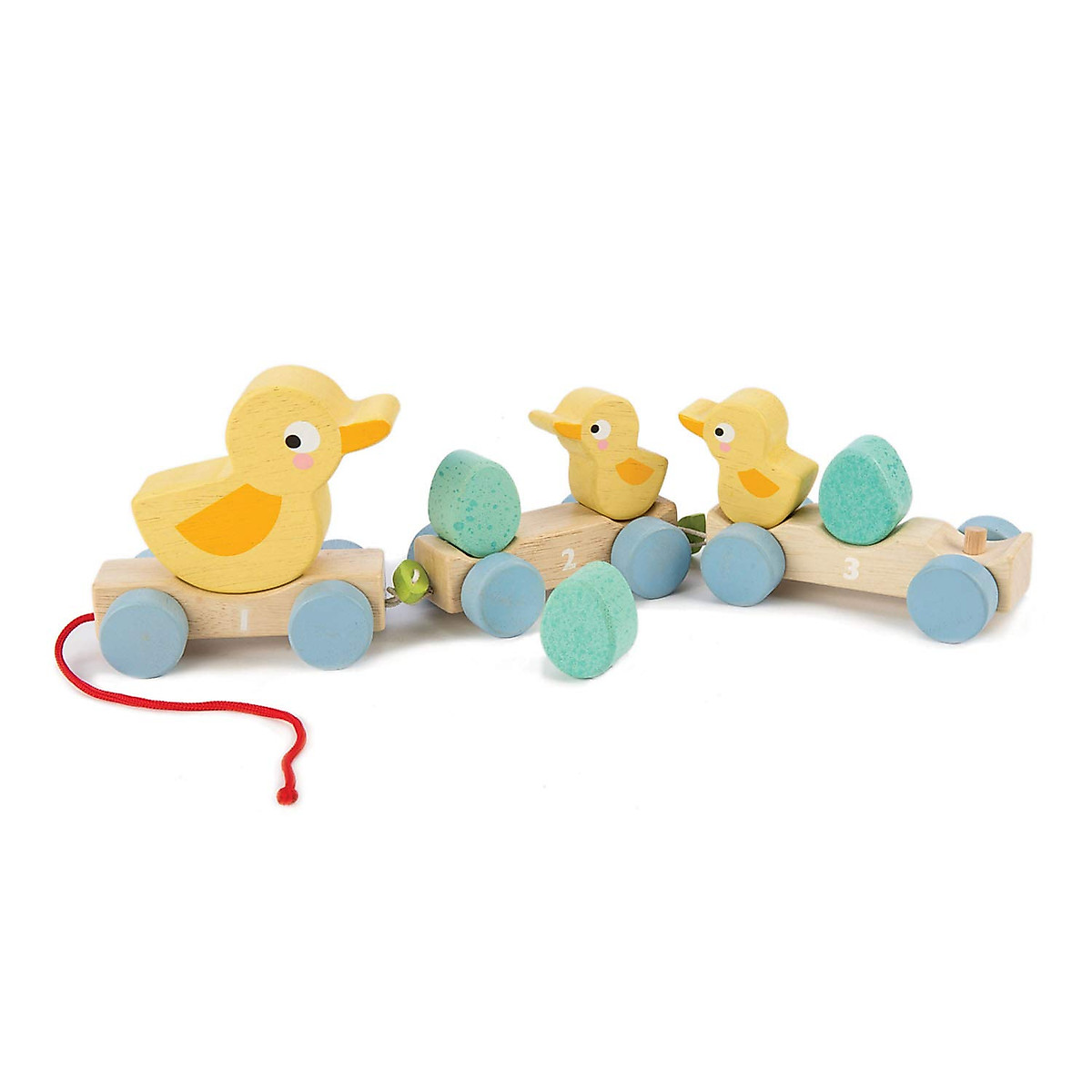Tender Leaf Toys - Pull Along Ducks - Classic Wooden Pull Along Toy - 9pc Duck Family Set with 1 Mother Duck, 2 Baby Ducks, 3 Eggs and 3 Cars - Encourages Number Learning - 18Mths+