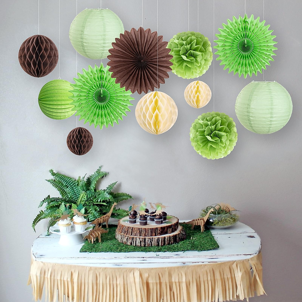 12Pcs Green and Brown Party Decorations Paper Tissue Pom Poms Honeycomb Balls Paper Fans Hanging Deco Green Lanterns for Jungle Safari Summer Birthday Wedding Party
