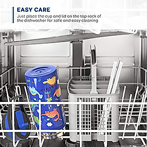 BUZIO Insulated Water Bottle for Kids, Modern Vacuum Insulated Hydro Bottle with 2 Straw Lids, 14oz Double Walled Wide Mouth Sports Drink Flask with Blue Dinosaur Park, Simple Thermo Canteen Mug Cup