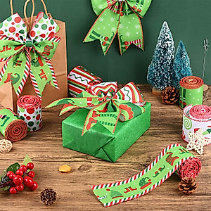 Honic 6 Rolls 30 Yards Christmas Elf Wired Edge Ribbon Elf Hats Legs Multi Dots Stripes Swirl Diagonal Decorative Ribbon for Gift Wrapping Xmas Tree Wreath DIY Crafts