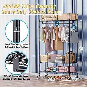 Homdox Rolling Garment Rack with Double Rod, Heavy Duty Clothing Rack with Shelves, Portable Clothes Rack, Free Standing Wardrobe Rack, with Lockable Wheels & Hanging Hooks, Max Load 450 LBS, Black