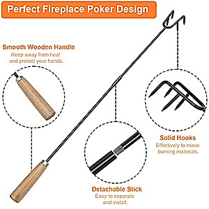 Steel Fireplace Poker 33 in, Luxiv Black Fire Pit Poker Detachable Metal Fire Stoker Poker Stick with Wood Handle and 4 Tips Camping Fireplace Tool for Outdoor Indoor Fireplace Tool for Fire Pit, BBQ