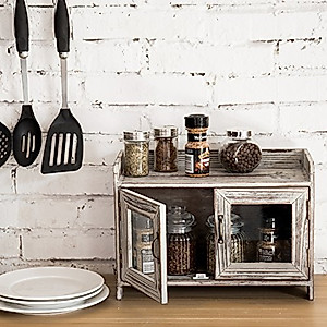 MyGift Solid Torched Wood Countertop Storage Cabinet with 2 Glass Window Doors, Multipurpose Mini Organizer Cupboard for Kitchen or Bathroom