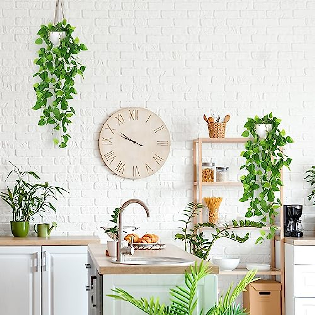 FIAHOSEY Faux Plants Indoor - 2Pcs Fake Hanging Potted Pothos Plant for Home Decor Artificial Greenery for Bedroom Living Room Office Garden Wall Shelf Decor