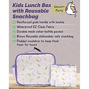 JOY2B Lunch Box Kids with Reusable Snackbag - Kids Lunch Box for Girls and Boys Lunch Bag Kids with Water Bottle Holder - Unicorn Party