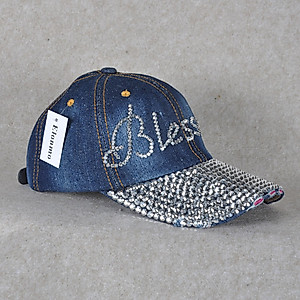 Elonmo Letter Blessed Design Womens Baseball Cap Bling Hat Rhinestone Jean Adjustable Luky Hat Gift for Her Blue