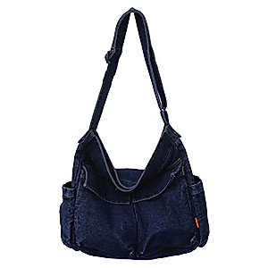 Nanwansu Denim Shoulder Bag Casual Style Canvas Bag Retro Travel Shopper Crossbody Handbag Hobo Tote Bag for Women Dark Blue
