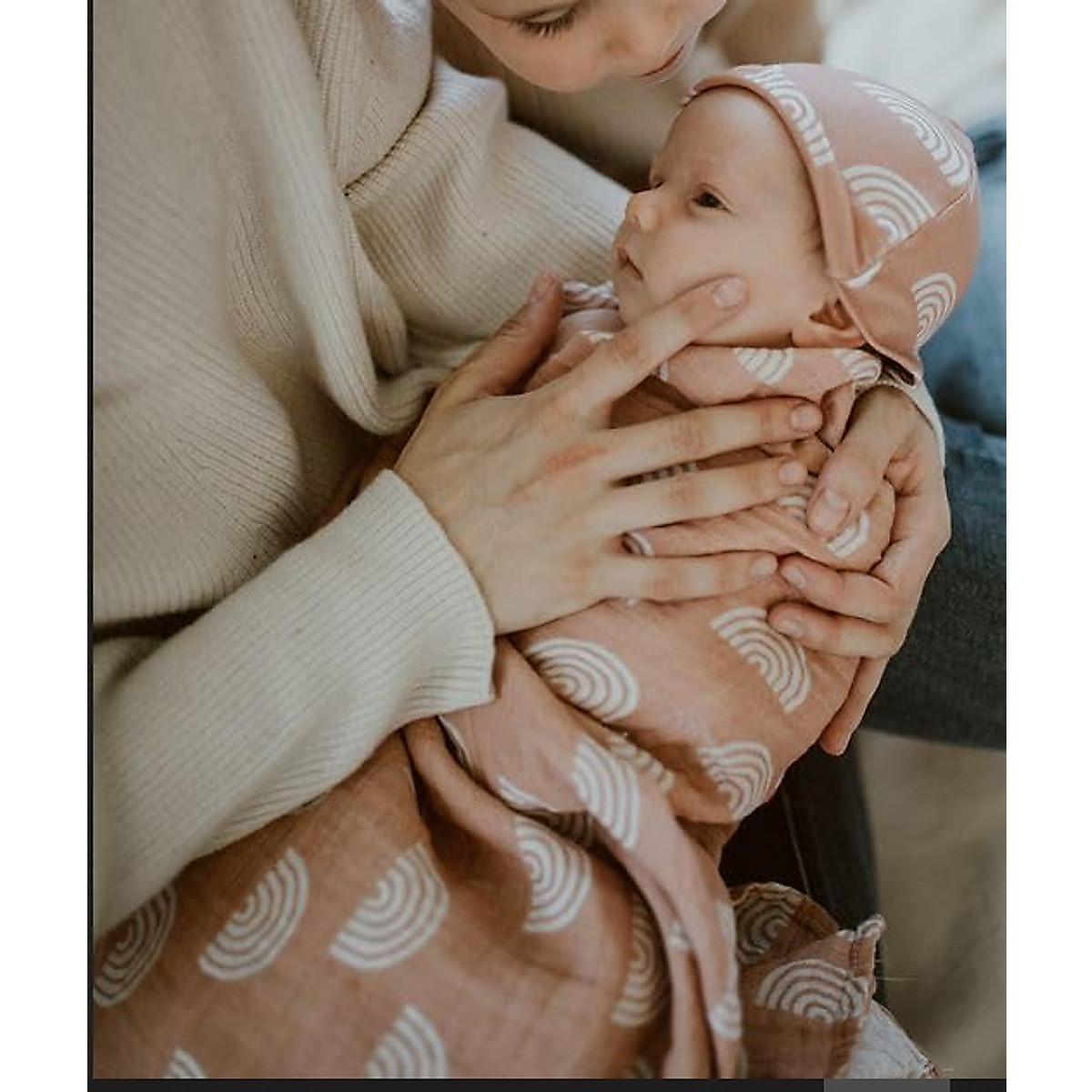 Miaoberry 100% Organic Cotton Muslin Baby Swaddle Blanket Set | Caramel Rainbow| Newborn Girl Unisex Neutral| Boho Vintage Rainbow Baby| Matching Hat Bow |