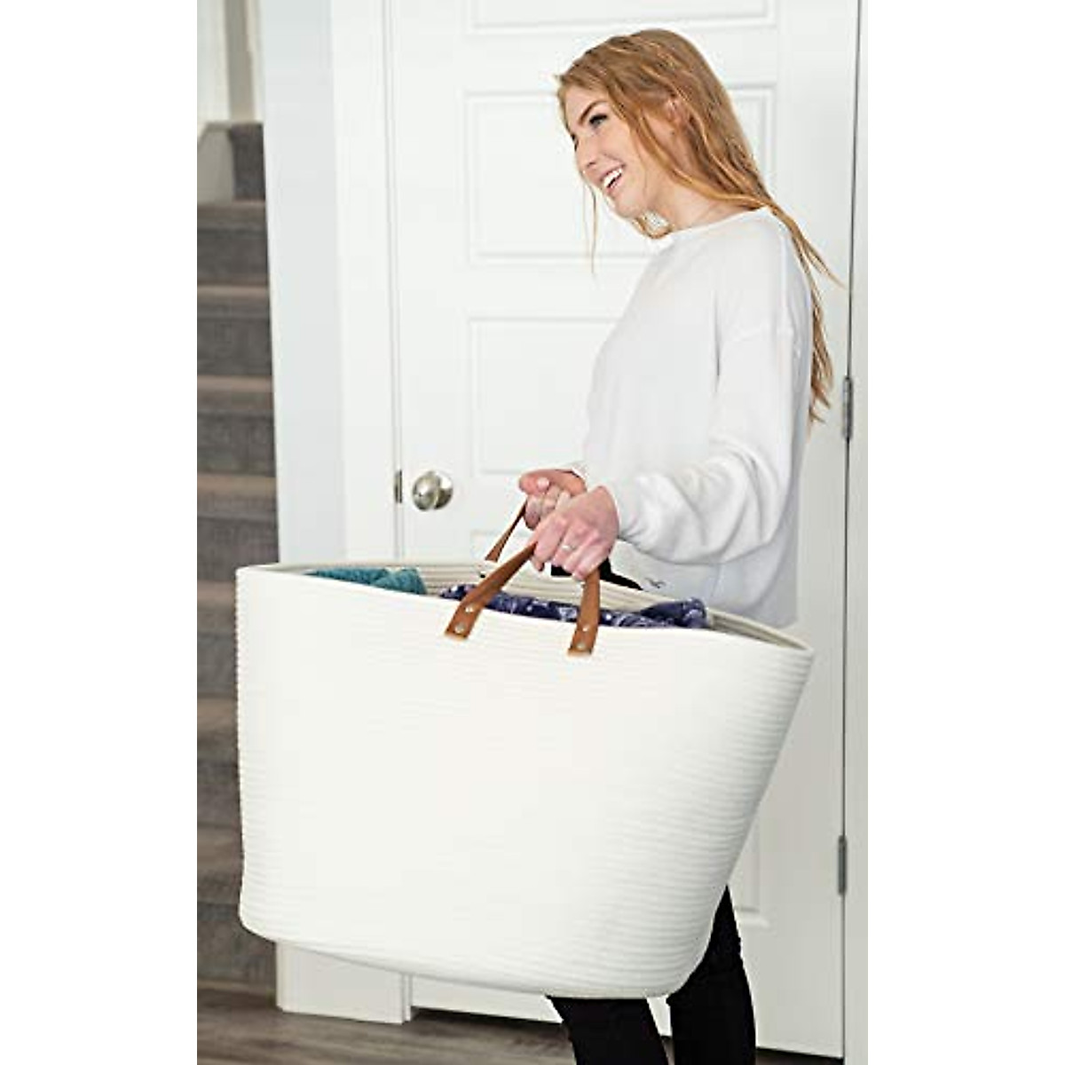 Sweetzer & Orange Extra Large Woven Cotton Rope Storage Basket – 23”x20.5”x15.5” w/Vegan Handles - Blanket Storage Baskets, Laundry and Toy Storage, Nursery Hamper - Off White XXL for Living Room