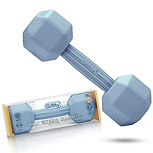 Baby Dumbbell Infant Rattle Silicone Teething Toy Teether Infants Toddler Sensory Toy Exercises Weight - Made of 100% Food-Grade Silicone, Safe for Baby Boys and Girls (1pcs 4.8oz - Blue)
