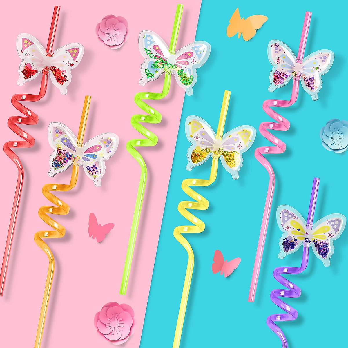 AFZMON Butterfly Drinking Straws 24 PCS Butterfly Party Favors with 2 Cleaning Brush Birthday Party Supplies Long Plastic Straw Girls Party Decorations