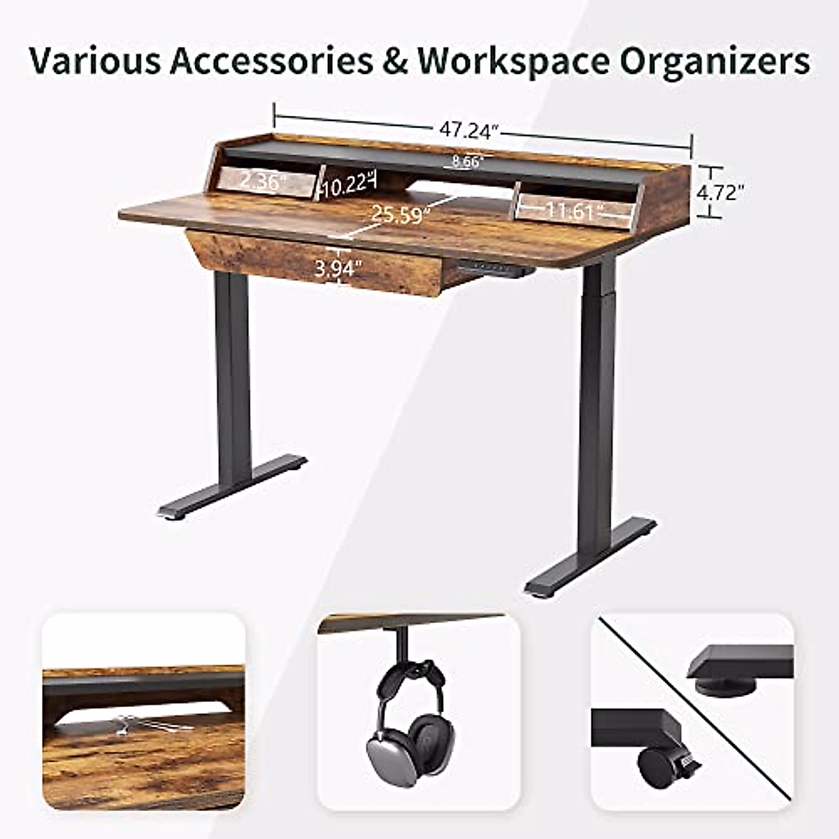 FEZIBO Standing Desk Adjustable Height with Drawers, 48 x 25 Inch Stand Up Desk with Storage Shelf, Electric Standing Desk with Storage Space, Rustic Brown Top/Black Frame