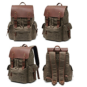 MUMAIS Military Style Waxed Canvas Backpack Laptop Genuine Leather(Oil Wax Waterproof) School Bag Vintage Computer Backpack For Men&Women,Professional Outdoor Hiking Travel Shoulder(Army Green)