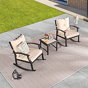 LOKATSE HOME 3 PCS Patio Bistro Furniture Outdoor Wicker Rocking Chairs Sets Armchairs with Cushion and Metal Coffee Table for Backyard Deck Lawn Garden, Khaki