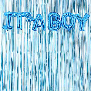 Blue Metallic Fringe Curtains & It's A Boy Foil Balloon Kit- Baby Shower Decorations Blue Wall Decoration Pastel Blue Photo Prop Backdrop Boys Birthday Party (Blue, Pack of 2)