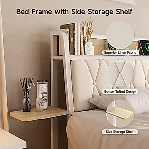 ONBRILL Queen Bed Frame with Side Storage Shelf, Ergonomic Upholstered Headboard with Charging Station, Queen Size Platform Bed Frame, Metal Slats Support, No Box Spring Needed, Easy Assembly, White