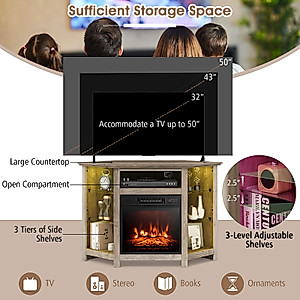 GOFLAME Corner Fireplace TV Stand with LED Lights for TVs up to 50”, Modern Entertainment Center with Electric Fireplace, Remote & Smart APP Control, TV Console with Adjustable Glass Shelves, Gray