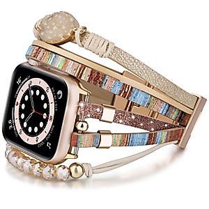 VISOOM Beaded Boho Bracelet Compatible for Apple Watch Band 40mm/38mm/41mm/42mm Series 10 9 8 7 SE Series 6/5/4 Women Leather Fashion Cute Handmade Multilayer Wrap Watch Strap for iWatch Bands 3/2/1