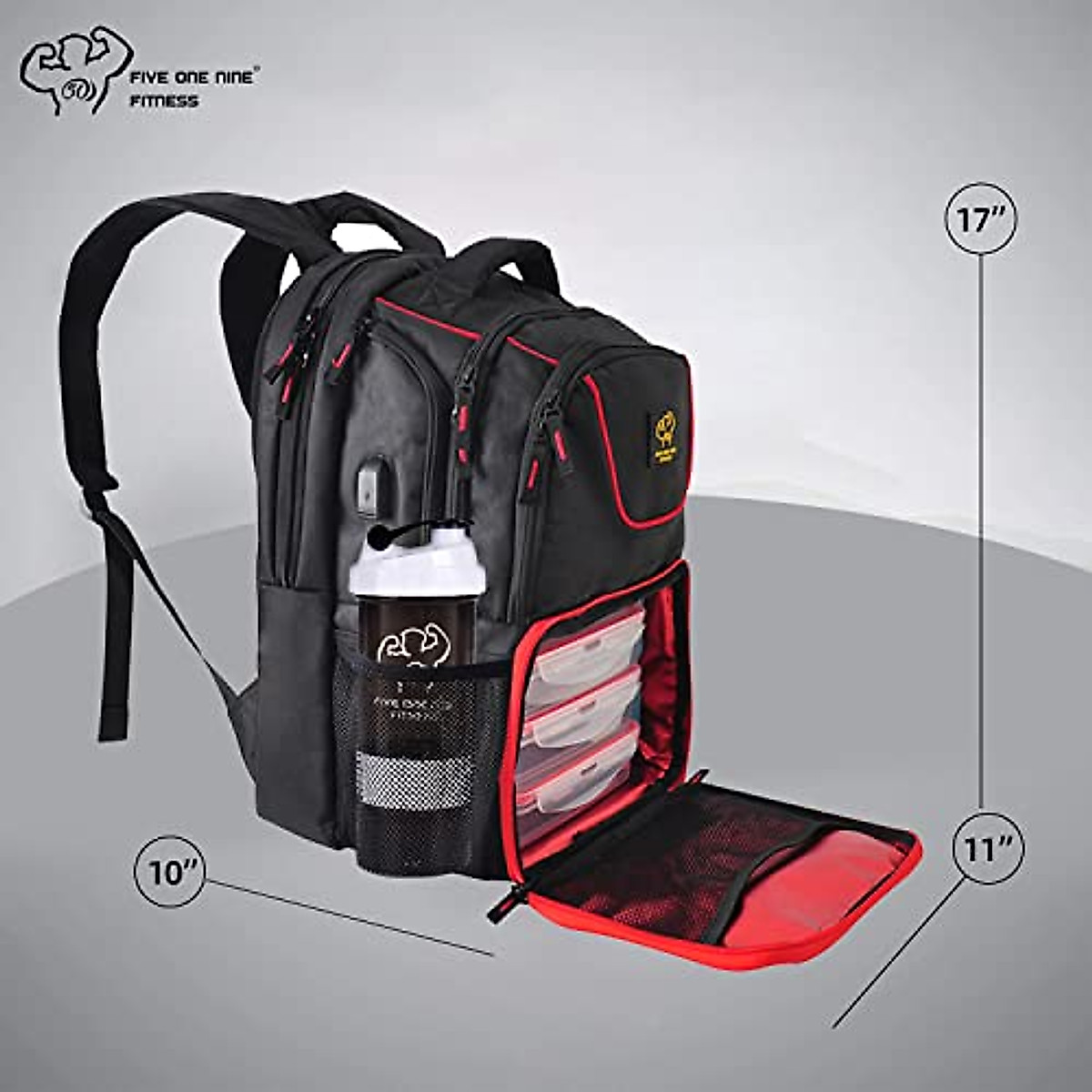 519 Fitness Meal Prep Backpack,Insulated Cooler Lunch Backpack with Computer Compartment,Hiking Picnic Cooler Rucksack for Men and Women,3 Meal Containers,2 Ice Packs and Protein Shaker(Black)