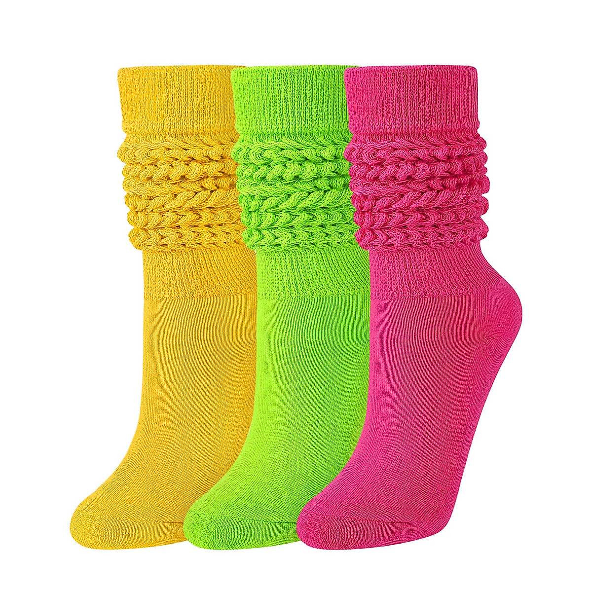 JOCMIC Slouch Socks for Woman 3 Pairs Women Scrunch Socks Extra Long Knee High Slouchy Socks Size 6-11 yellow+green+rose red