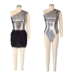 Kafiloe Women Sexy 2 Piece Outfits Clubwear One Shoulder Metallic Bodysuit Top Night Party Club Mini Skirt Set Black XL