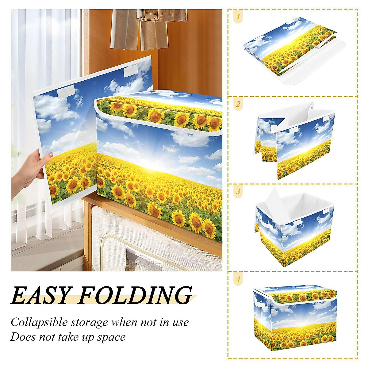 DIGTIA Storage Bins with Lids Meadow Sunflowers Foldable Storage Boxes with Handles Sunrise Blue Sky Large Storage Basket Collapsible Organizer Containers for Closet Home Bedroom Office