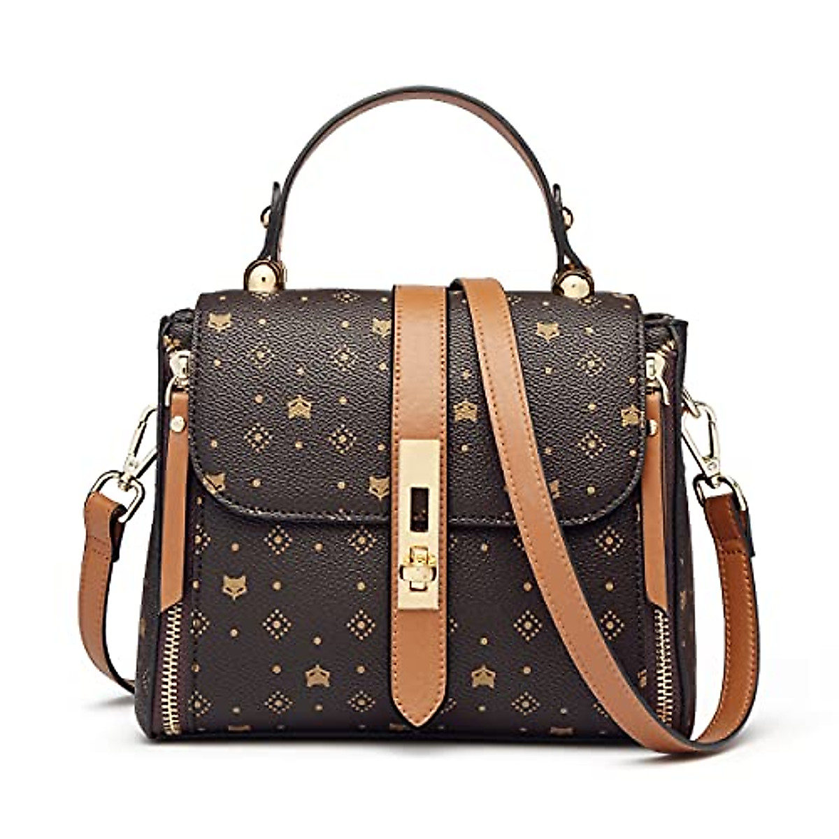 PVC Leather Handbags for Women, Faux Leather Ladies Small Monogram Top-handle Bags with Adjustable Shoulder Strap Mini Crossbody Zipper Bags Womens Signature Satchel Purses and Handbags Girls (Brown)