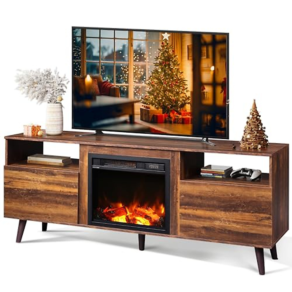 WLIVE TV Stand for 65 Inch TV, 58 Inch Entertainment Center with 18 Inch Electric Fireplace, Media Console with 2 Storage Cabinets for Living Room, Bedroom and Office, Rustic Brown