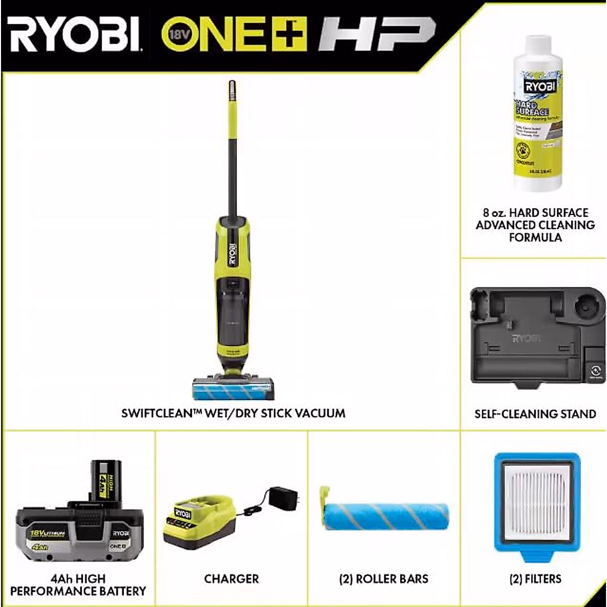 RYOBI ONE+ HP 18V Brushless Cordless Wet/Dry Stick Mop and Vacuum Kit with 4.0 Ah Battery and Charger
