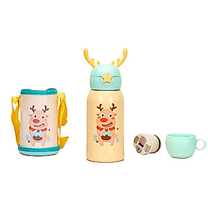 THERMOS Toddler water bottle with straw and double lid. Stainless steel cup with carrier bag 500ml. (REINDEER)
