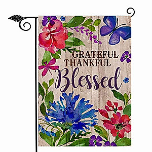 Hzppyz Grateful Thankful Blessed Thanksgiving Garden Flag, Decorative Small Outdoor Flag Flower, Rustic Burlap Christmas House Yard Flag Spring Outside Holiday Decoration Home Decor Flag 12.5 x 18