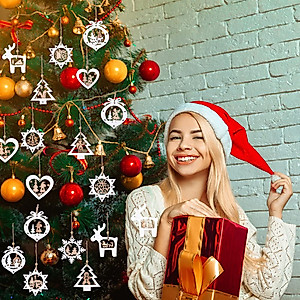 IDATOO Christmas Tree Ornaments Set of 24 Wooden Craved Hanging Craft Decorations for Winter Wonderland, 3D Rustic Farmhouse Christmas Ornaments Holiday Decor for Christmas Tree Home Office (White)