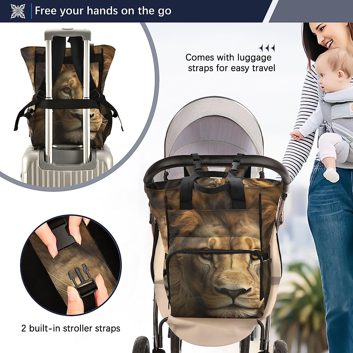 xigua Lion Portrait Diaper Bag Backpack Multi Function Baby Changing Bags Waterproof Large Capacity Travel Back Pack for Mom Dad