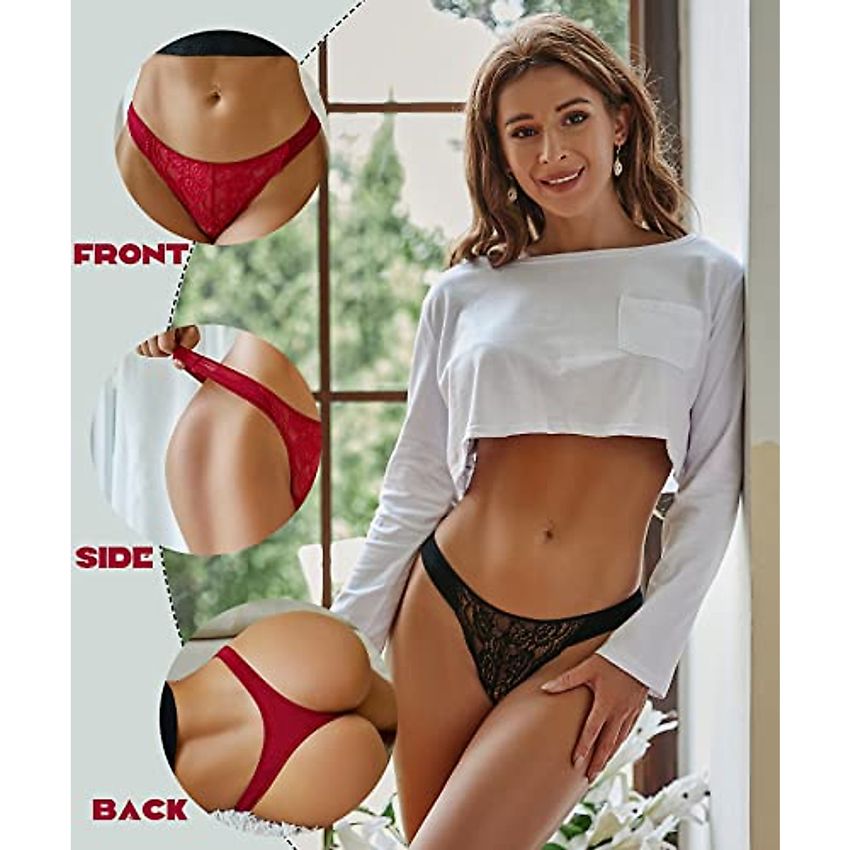 CuteByte Cotton Thongs for Women Lace Thong Underwear T Back Breathable Low Rise Hipster Tangas Panties 6 Pack (6 Pack A,M)