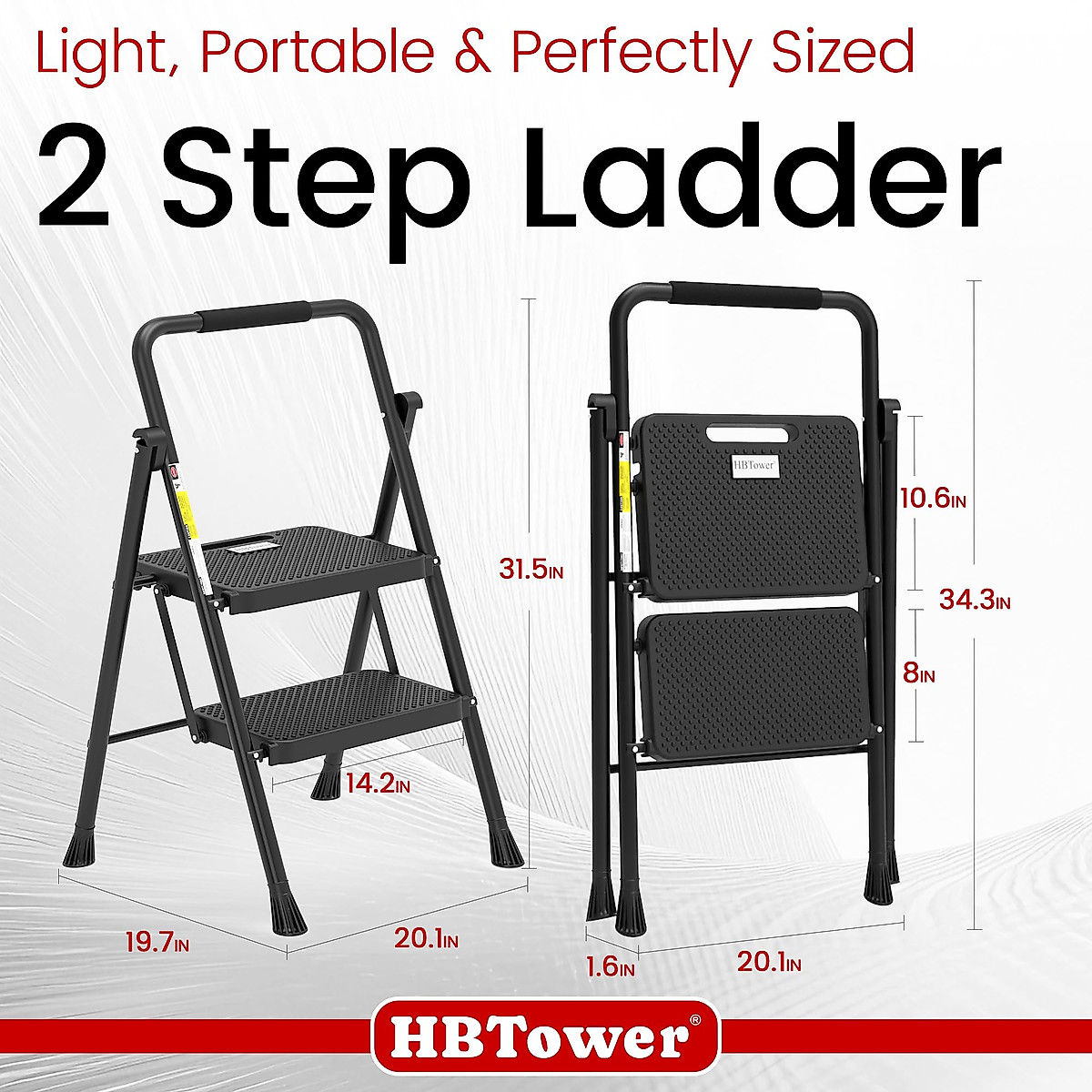HBTower 2 Step Ladder, Folding Step Stool with Wide Anti-Slip Pedal, Sturdy Steel Ladder, Convenient Handgrip, Lightweight 500lbs Portable Steel Step Stool, Black