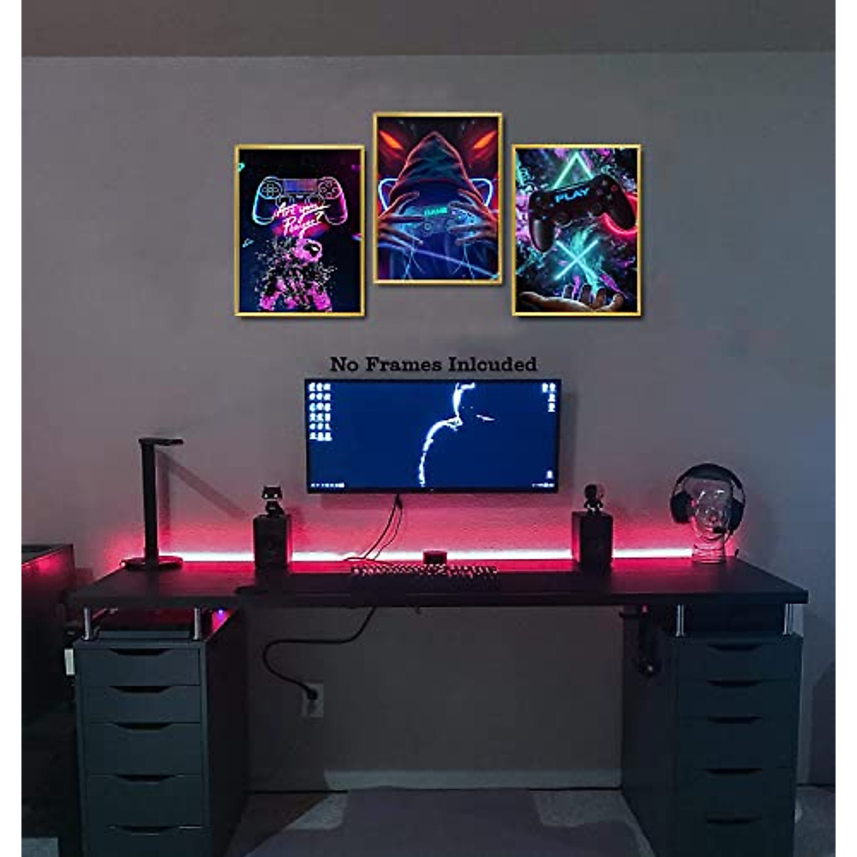 Neon Gaming Art Posters, 12"x16" Video Game Canvas Wall Art, Gamepad Playstation Controller Decorative Interior Painting Wall Art Posters for Teenage Boys Room Playroom Decor, (Set of 3-Unframed)