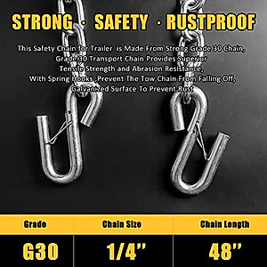 AYMMIC 1/4'' x 48''Trailer Safety Chain with 2 Latches S Hook,3,500Lbs Capacity,G30,Secures Tow Vehicle to Trailer,for RV, Trailer, Truck,and Boat Towing