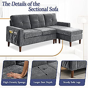 Homtique Convertible Sectional Sofa Couch, L Shaped Sofa with Reversible Chaise and Pocket, 3-Seat Chenille Sofa with Removable Cushions Sectional Couches for Living Room, Apartment (Dark Grey)