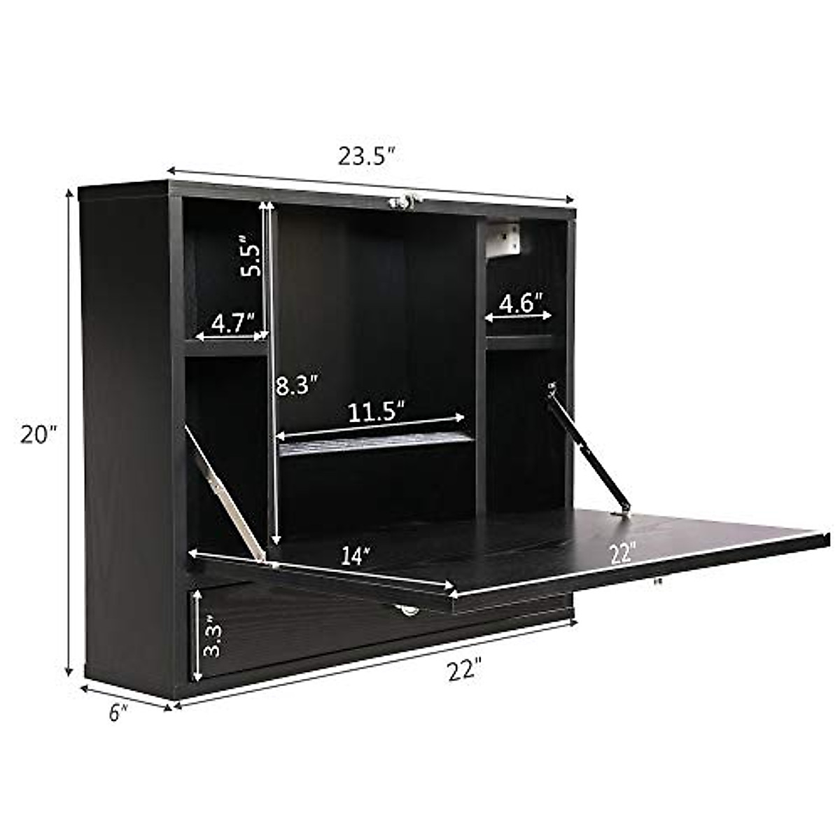 Sandinrayli Wall Mounted Desk, Fold Down Desk, Home Office Wooden Floor Type Floating Computer Desk with Drawer Storage Shelf and Partition, Black