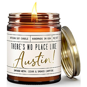Austin Gifts, Austin Decor for Home - 'There's No Place Like Austin Candle, w/Cedar & Campfire I Austin Souvenirs I 9oz Jar, 50Hr Burn, Made in USA