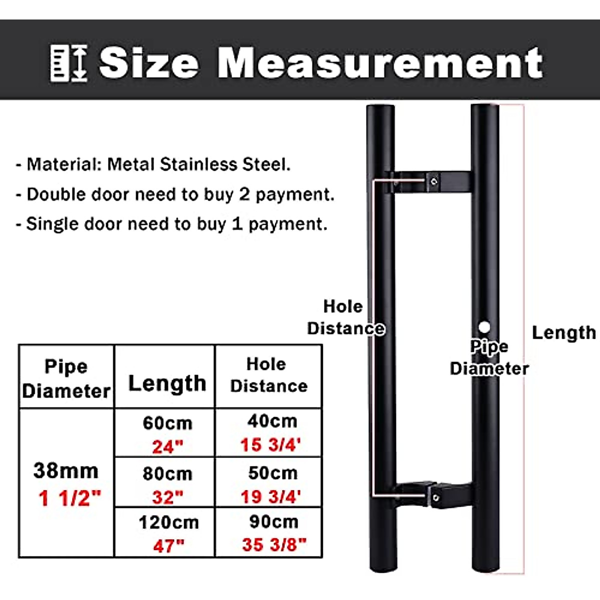 SUCHETA 24/32/47 Inch Heavy Duty Door Handle,Sliding Barn Door Matte Black Stainless Steel Pipe Handle Set,for Interior and Exterior Door (Size: 80cm (32"))