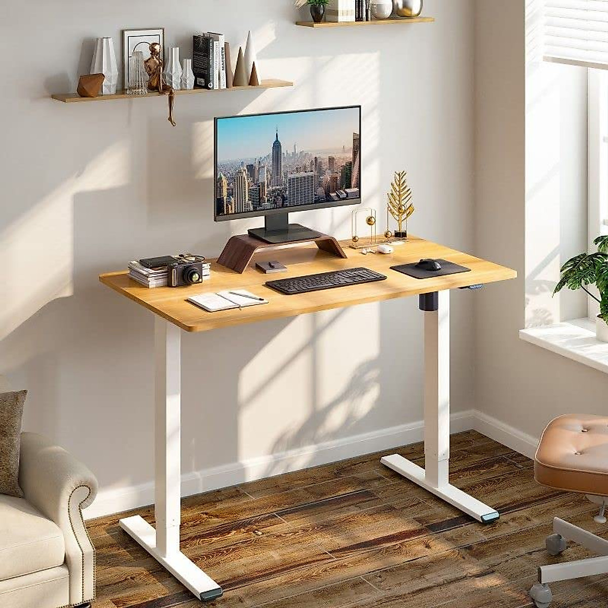 FLEXISPOT Adjustable Desk, Electric Standing Desk Sit Stand Desk, 48 x 24 Inches Whole-Piece Bamboo Desk Top Home Office Table Stand up Desk (White Frame+Bamboo Top)