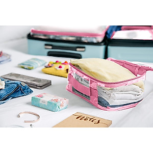 Small Clear Travel Packing Cube/See Through PVC Plastic Pouch for Carry On Suitcase, Backpack or Diaper Bag/Transparent Multipurpose Accessories, Makeup & Underwear Organizer w/Handle (Rose)