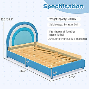 Costzon Twin Bed Frames for Kids, Upholstered Wooden Kids Bed w/Adjustable Headboard, Slats Support, 660 LBS Weight Cap, No Box Spring Needed, Easy Assembly, Twin Platform Bed Frame (Blue Rainbow)