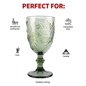 SANHECUN Wine Glasses Set Embossed Vintage Style Goblets 10 oz Green Set of 4(4, Wine Goblet 10 oz)