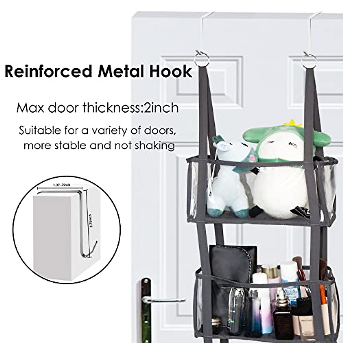 VERONLY Over The Door Hanging Pantry Organizer - Wall Mount Storage with 4 Large Clear Plastic Pockets & 2 Metal Hooks for Baby Kids Toys,Playroom,Nursery,Diapers,Bathroom,Kitchen,Dorm (Grey)
