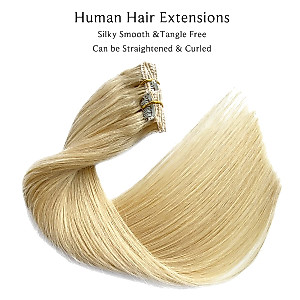 Clip in Hair Extensions Real Human Hair, Bleach Blonde Real Hair Extensions Clip in Human Hair, 7 Pieces 70G Double Wefts Remy Human Hair Clip in Extensions 16 Inch Clip-ins for Fine Hair Women